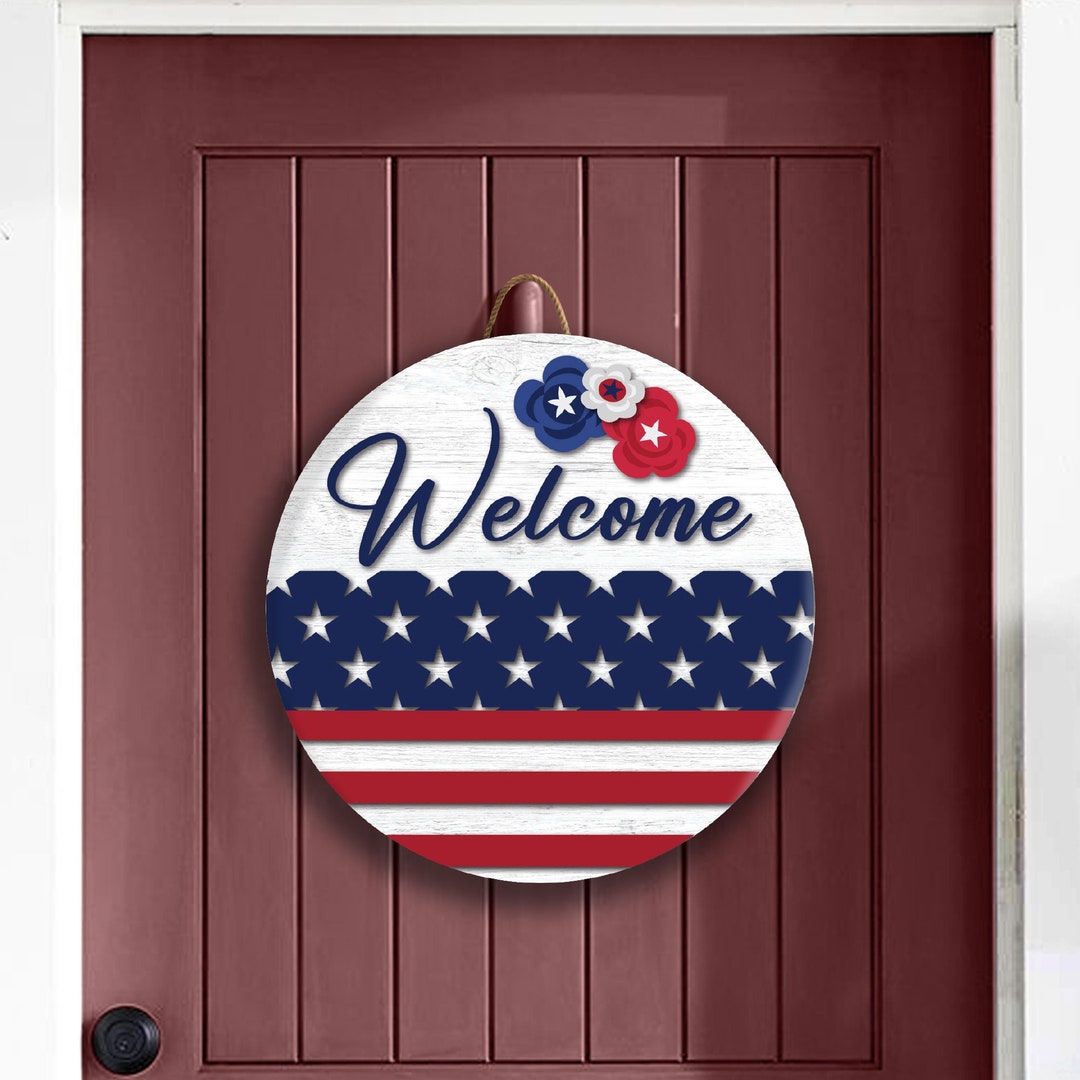 Patriotic Door Sign, Welcome Red White Blue, American Signage, Wood ...