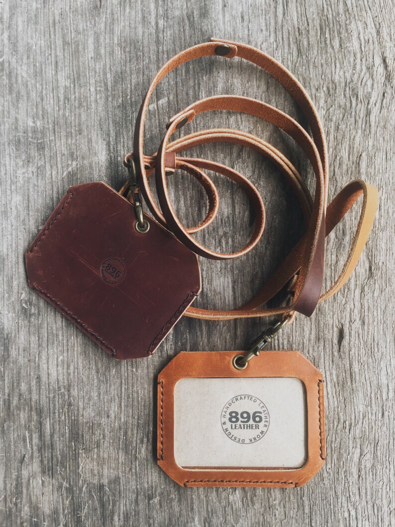 Leather ID Holder horizontal With Lanyard Badge Holder - Etsy
