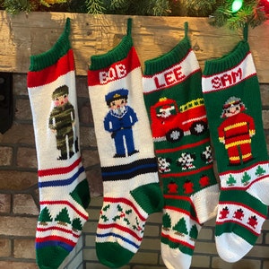 Hand Knit Military Policeman Fireman and Firetruck Stocking - Etsy