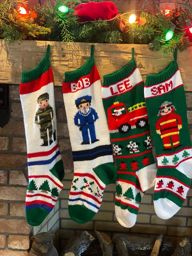 Hand Knit Military Policeman Fireman and Firetruck Stocking - Etsy
