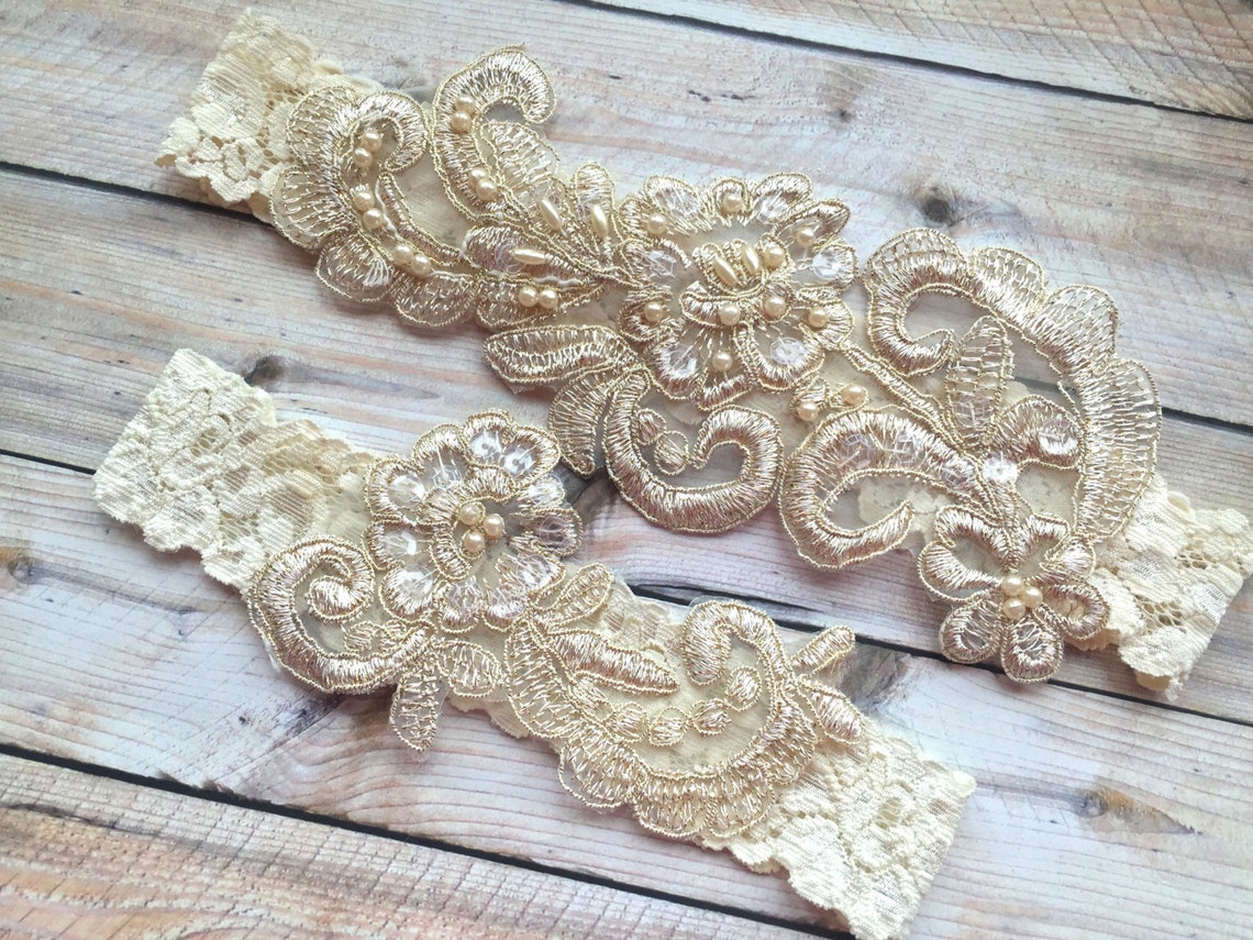 Gold Lace Garter Set Ivory Lace Bridal Garter Bridal Garter - Etsy