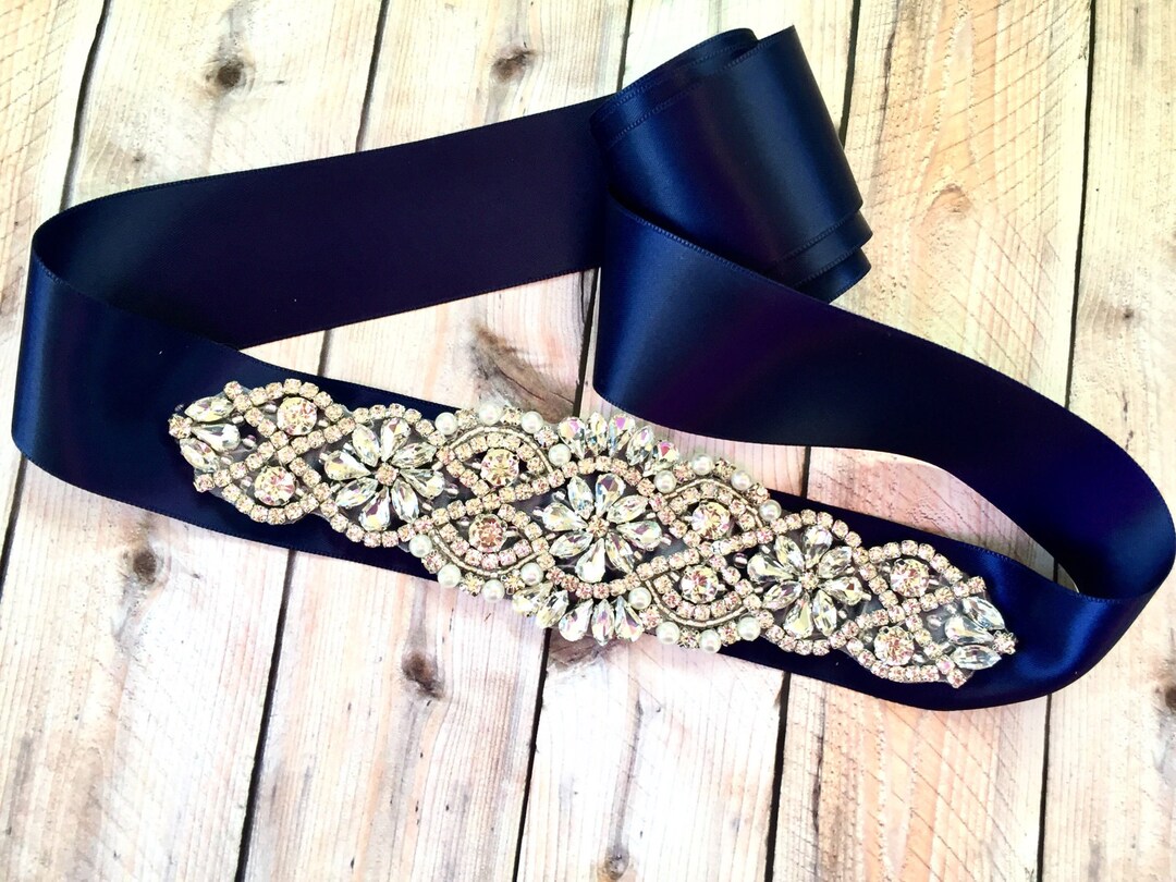 Navy Wedding Sash, Bridesmaids Sash, Navy Bridal Sash, Crystal Wedding ...
