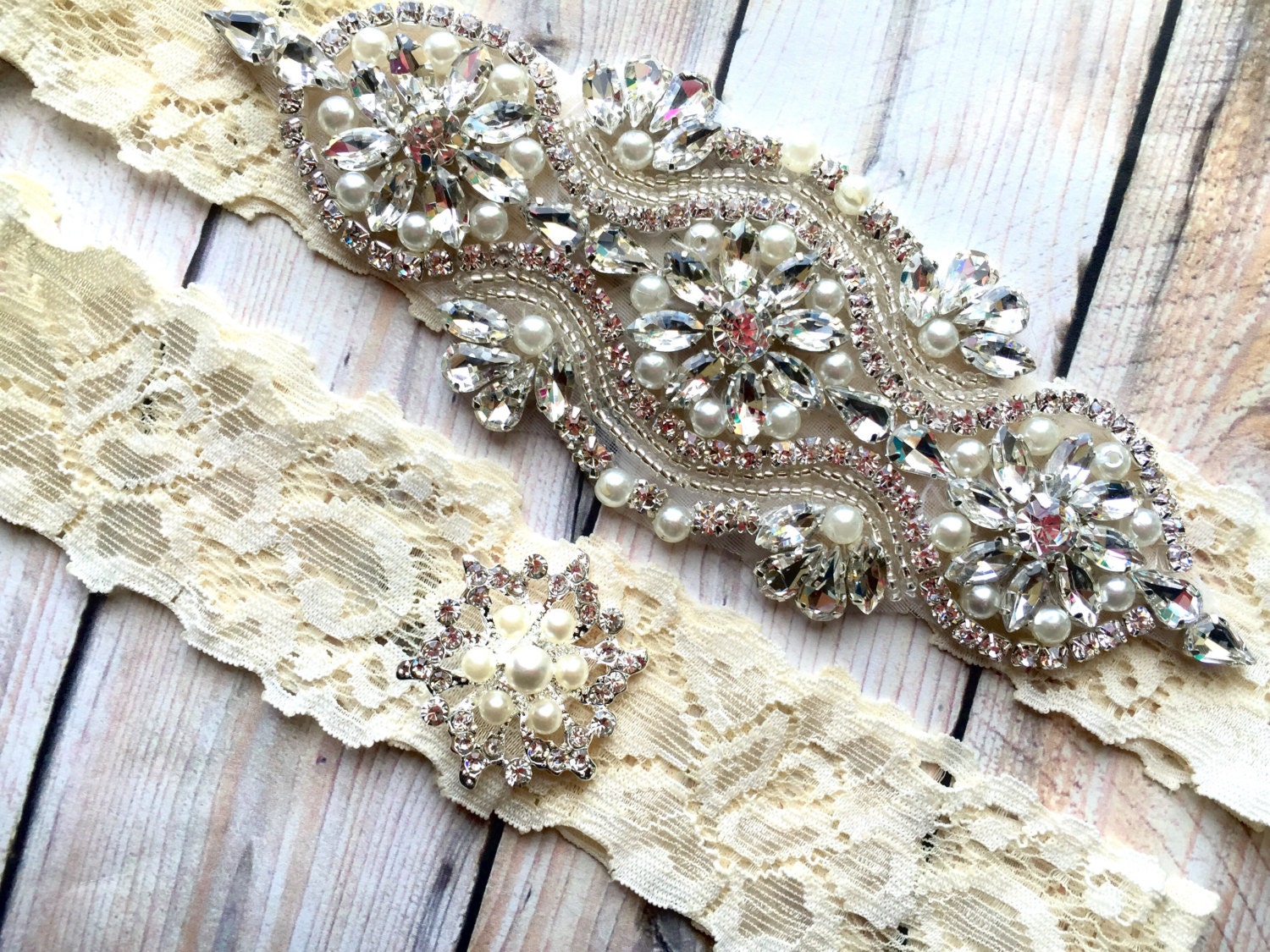 Pearl Garter, Rhinestone Garter, Ivory Garter, Ivory Wedding Garter Set ...