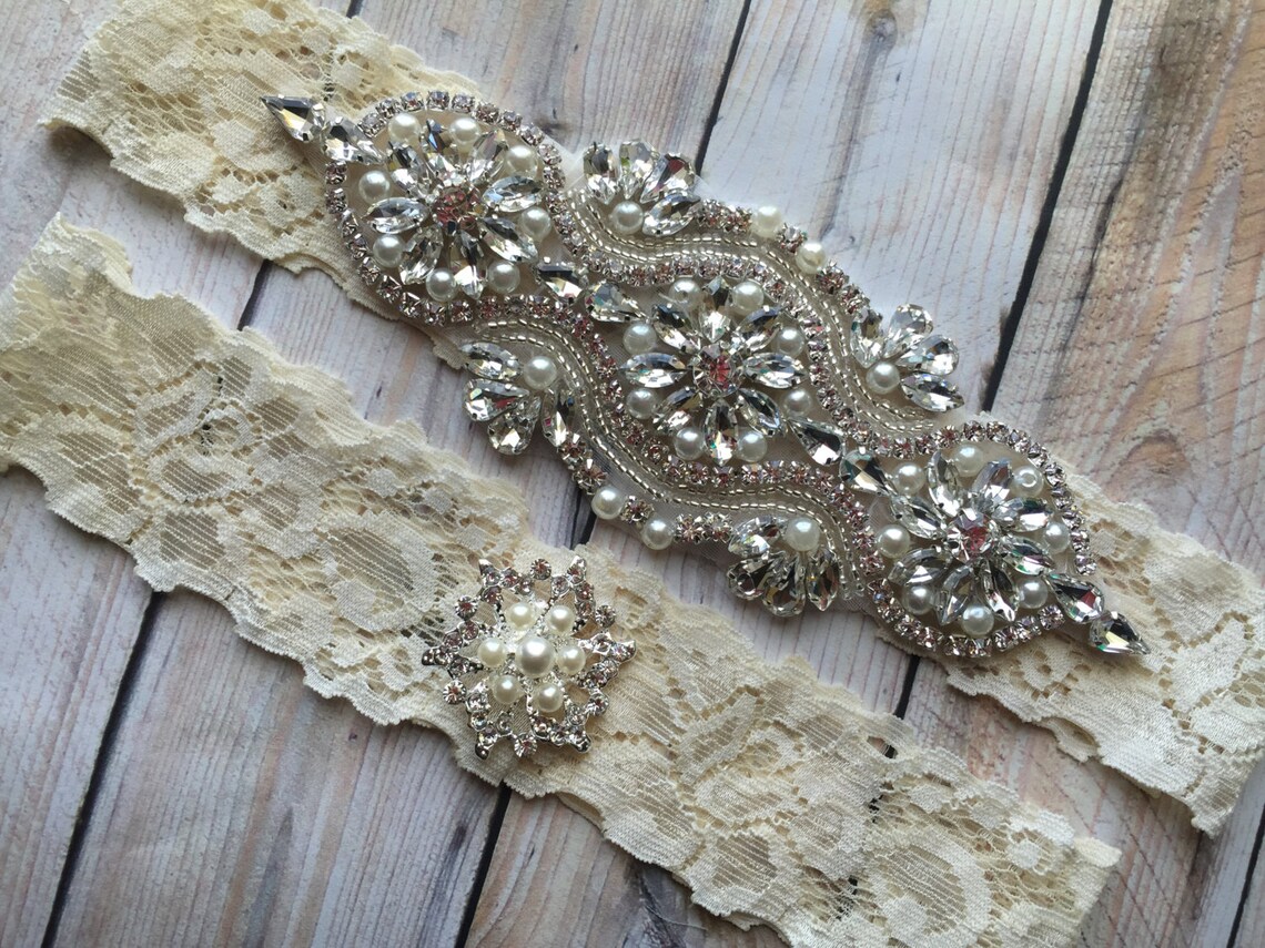 Pearl Garter, Rhinestone Garter, Ivory Garter, Ivory Wedding Garter Set ...