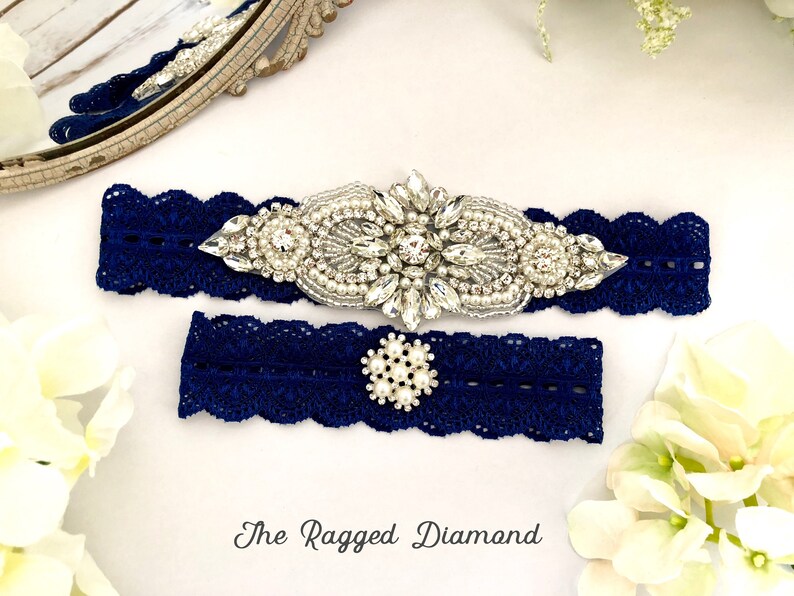 Wedding Garter Set, No Slip Garters, Navy Bridal Garter, Vintage Pearls ...