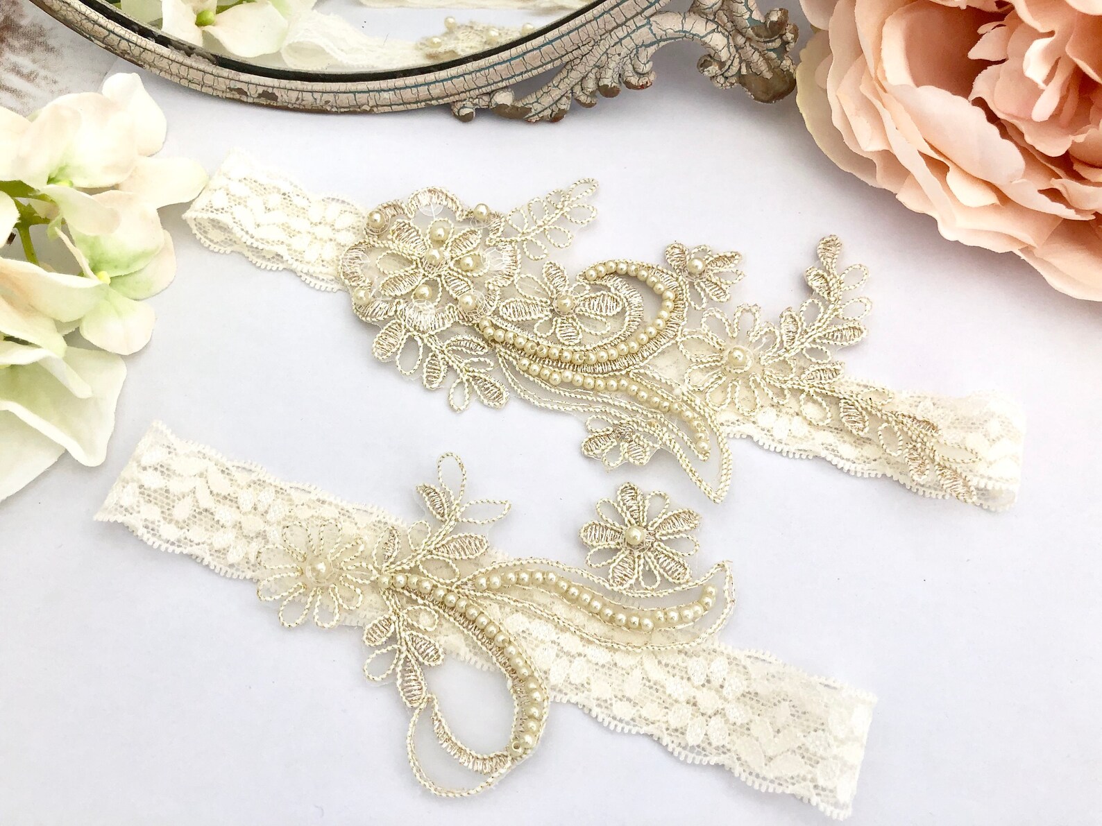 Ivory Lace Wedding Garter Set, Ivory Garter Set, No Slip Garters, Gold ...