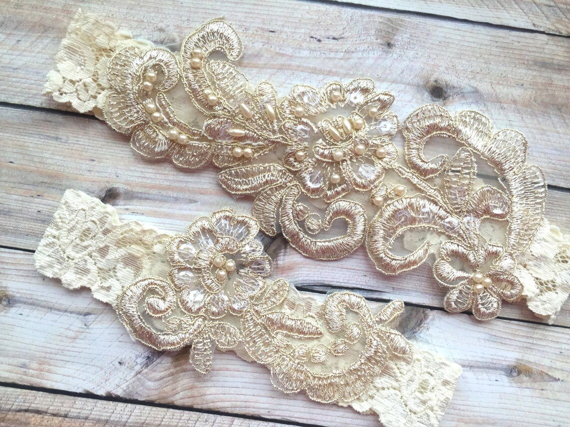 Gold Lace Garter Set Ivory Lace Bridal Garter Bridal Garter - Etsy
