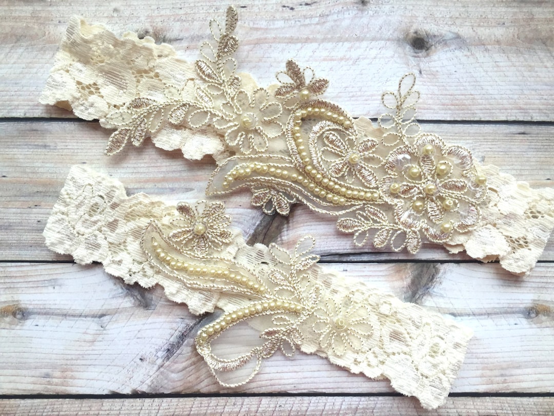 Ivory Lace Wedding Garter Set, Ivory Garter Set, No Slip Garters, Gold ...