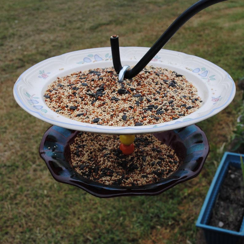 Glass Bird Feeder With Large Red Bowl And Stoneware Platter Etsy