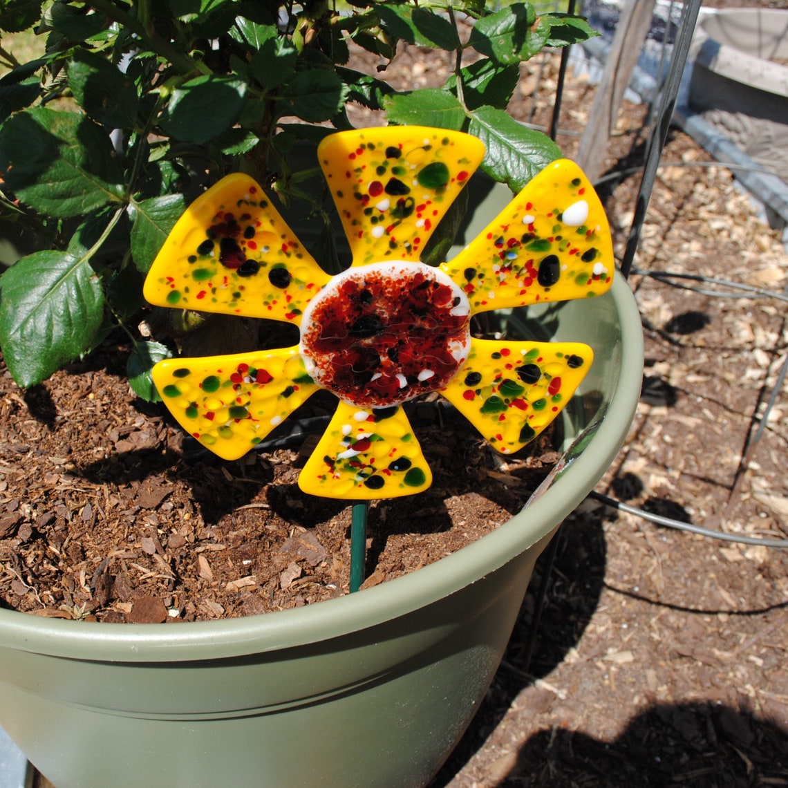 Yellow Glass Garden Flower Stake - Etsy