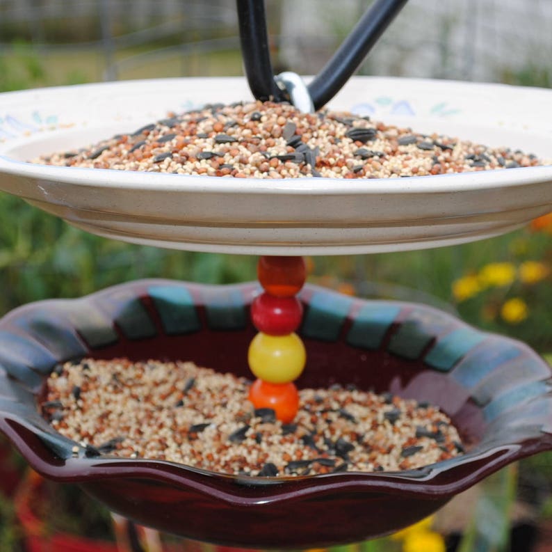 Glass Bird Feeder With Large Red Bowl And Stoneware Platter Etsy