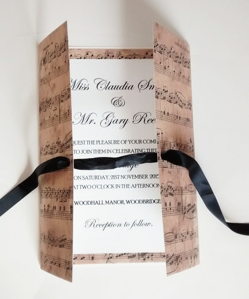 Vintage Sheet Music Wedding Invitation: Elegant Gatefold With Ribbon ...