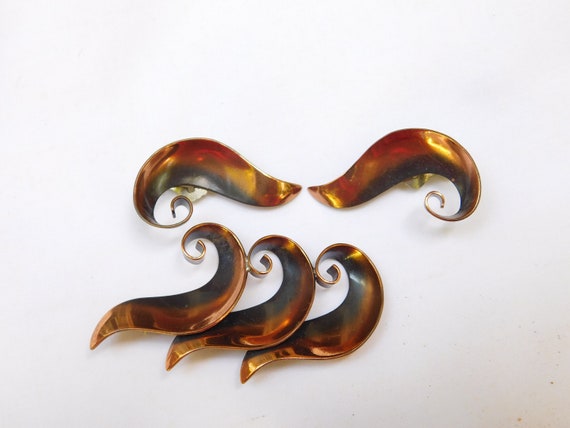 Mid Century Modern Copper Signed Bell Pin and Earring… - Gem