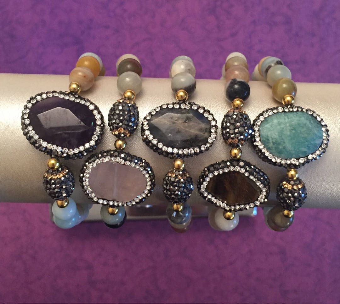 Pavé Crystal Bracelet, Amazonite Natural Stone Bracelet, Crystal Pave ...