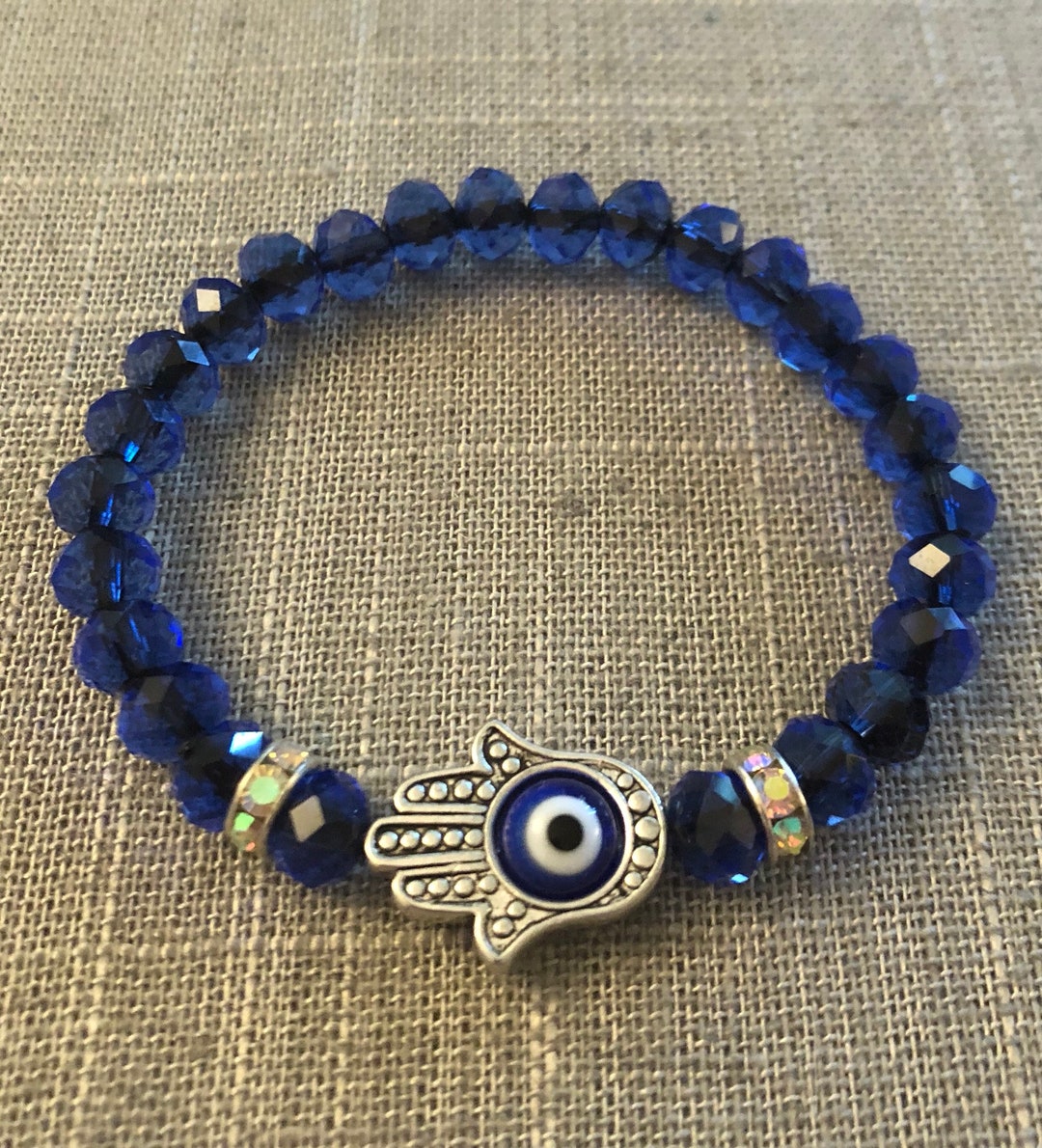 Hamsa Bracelet, Hamsa Hand, Dark Blue Faceted Glass Beaded Bracelet ...