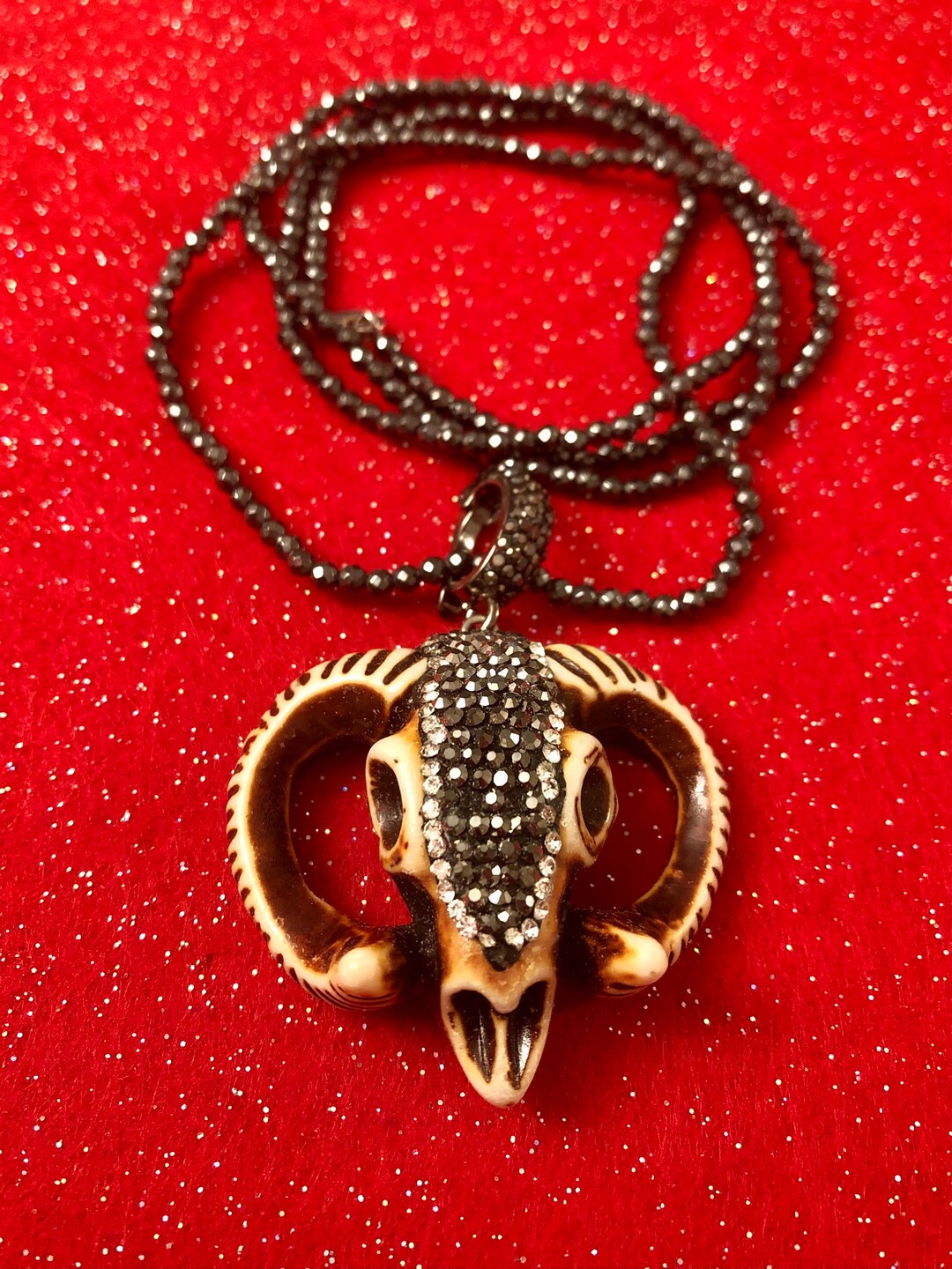 Ram Necklace, Crystal Pave Ram Charm, Faceted Hematite Necklace, Ram ...