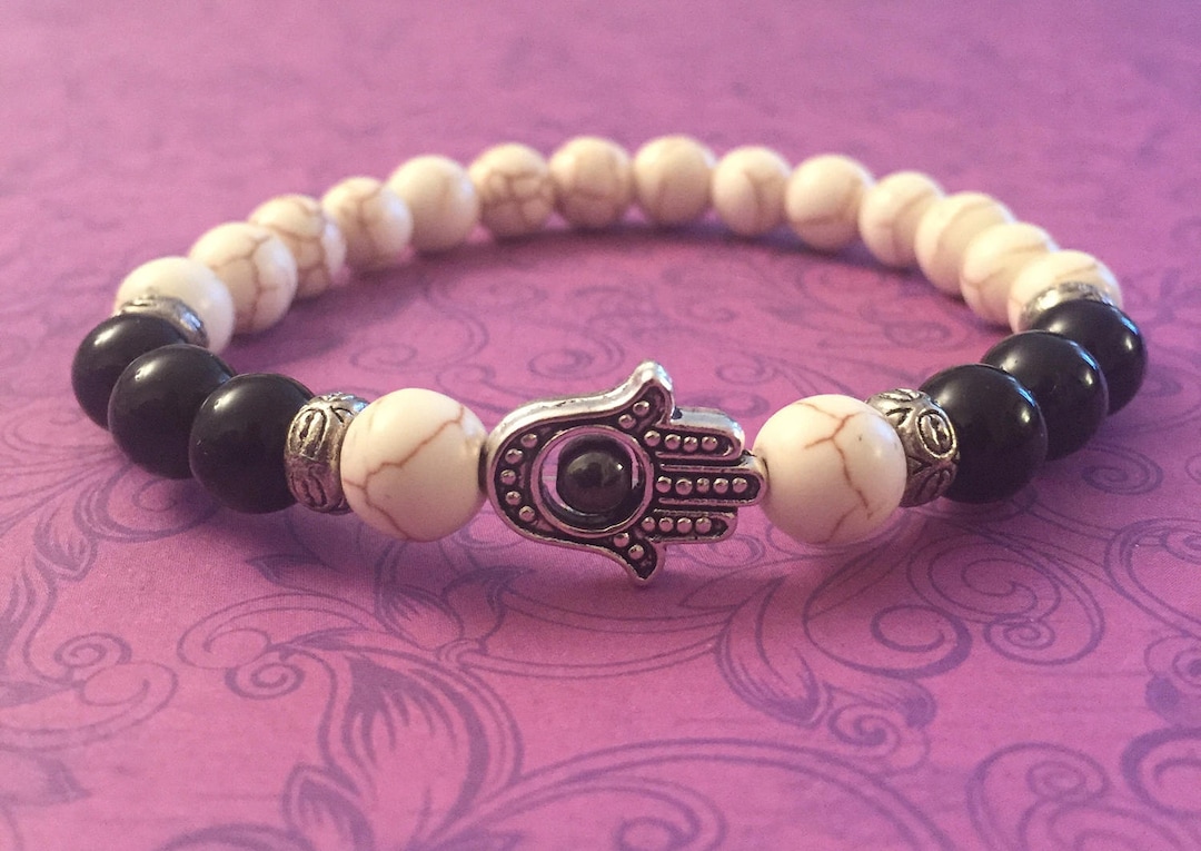 Hamsa Bracelet, White Howlite and Black Jasper Bracelet, Lucky Charm ...