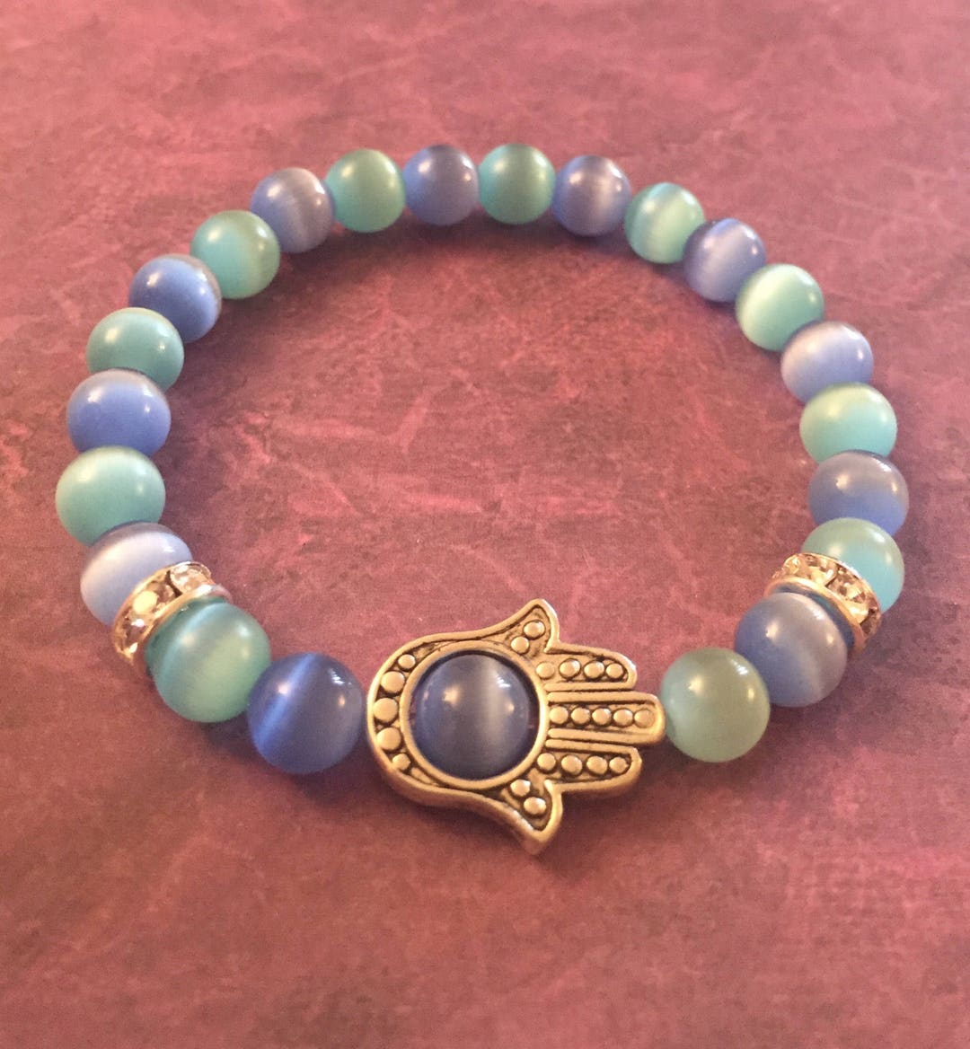 Hamsa Hand Bracelet, Two Tone Blue Cats Eye Beaded Bracelet With ...