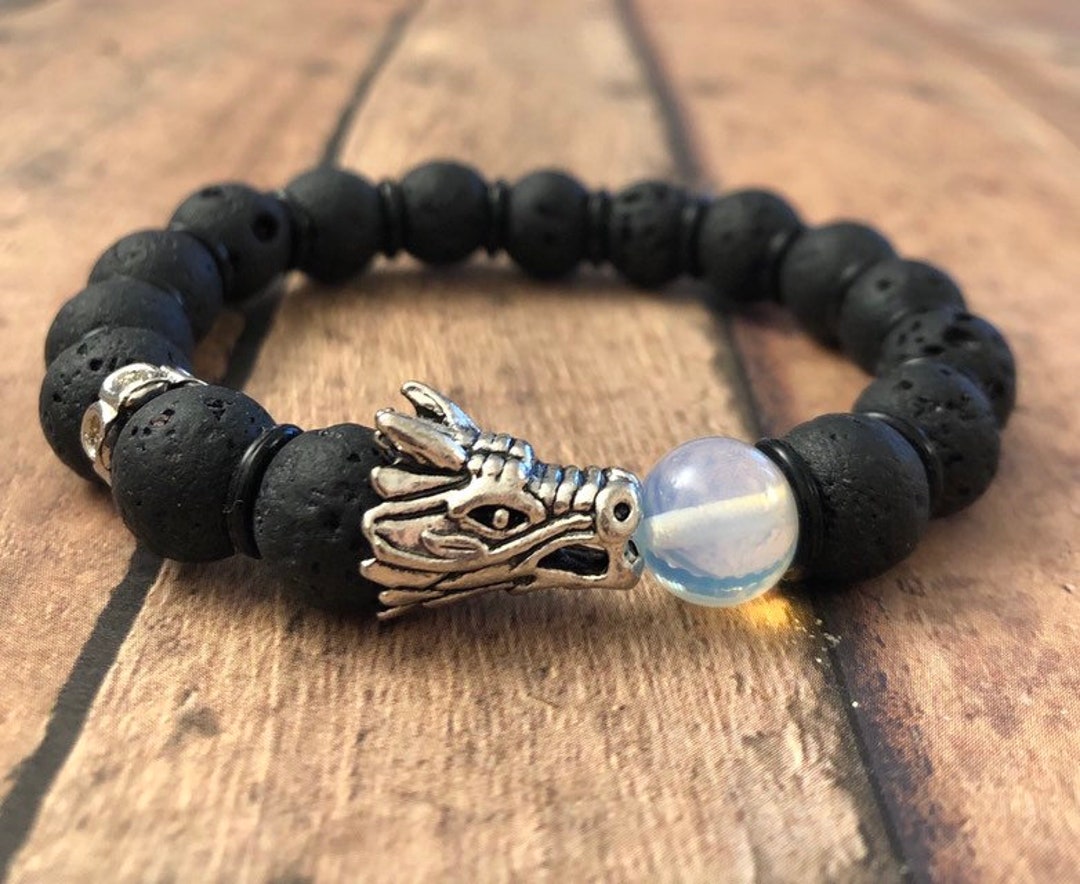 Dragon Bracelets, Silver Metal Dragon, Black Lava Stones and Opalite ...