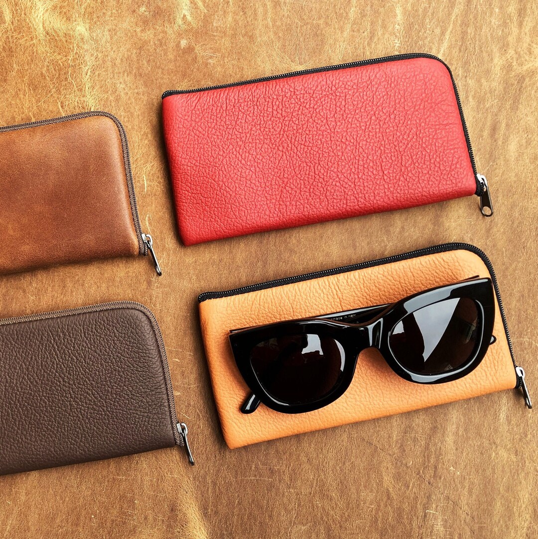 Red, Orange, Brown Leather Eyeglasses Case. Sunglasse Zip Closure Purse ...