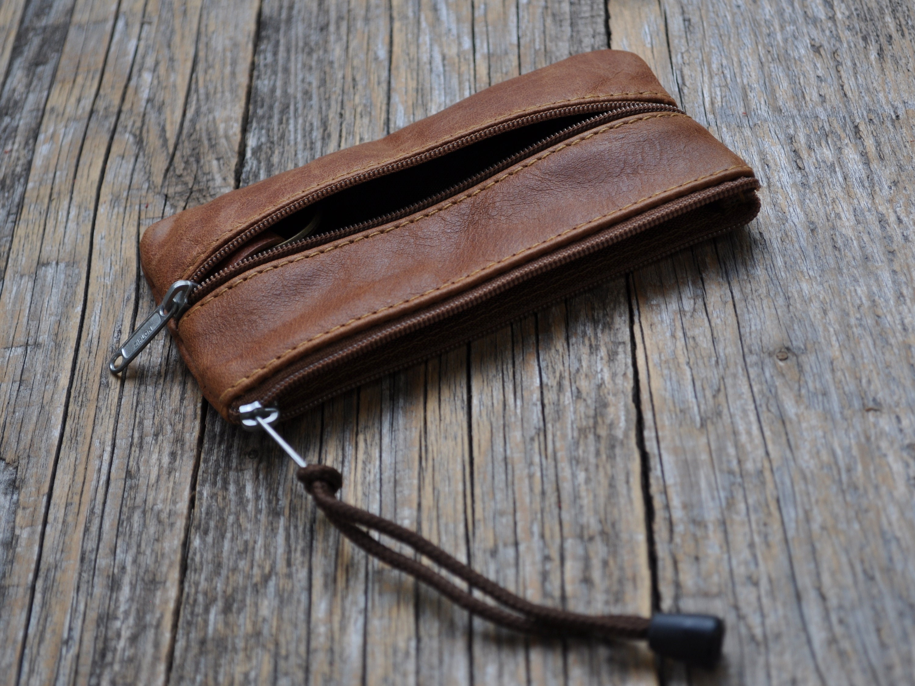 Brown Leather Keys Holder, Key Case, Zipper Pouch, Keychain Wallet