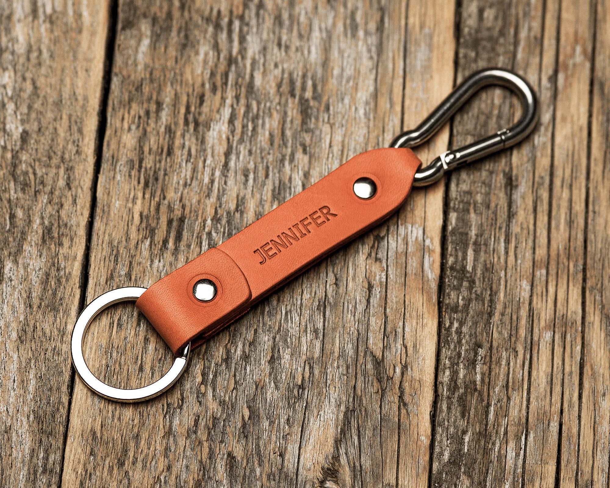 Burnt orange leather key chain, stainless steel carabiner clip, custom ...