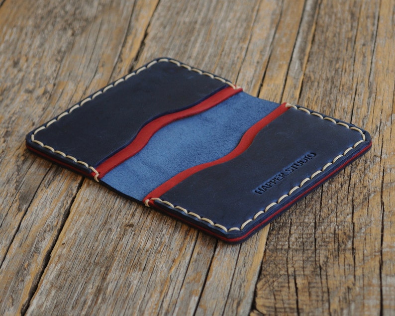 Handmade Blue Leather Bi-fold Wallet, Credit Card Holder, Personalized ...