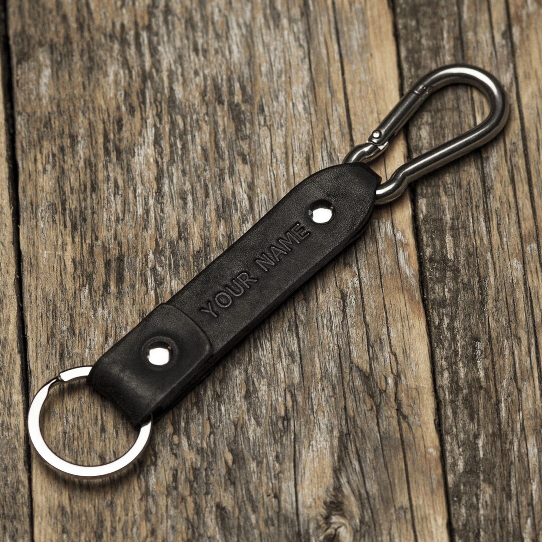 Black Leather Key Chain, Stainless Steel Carabiner Clip, Custom Text ...