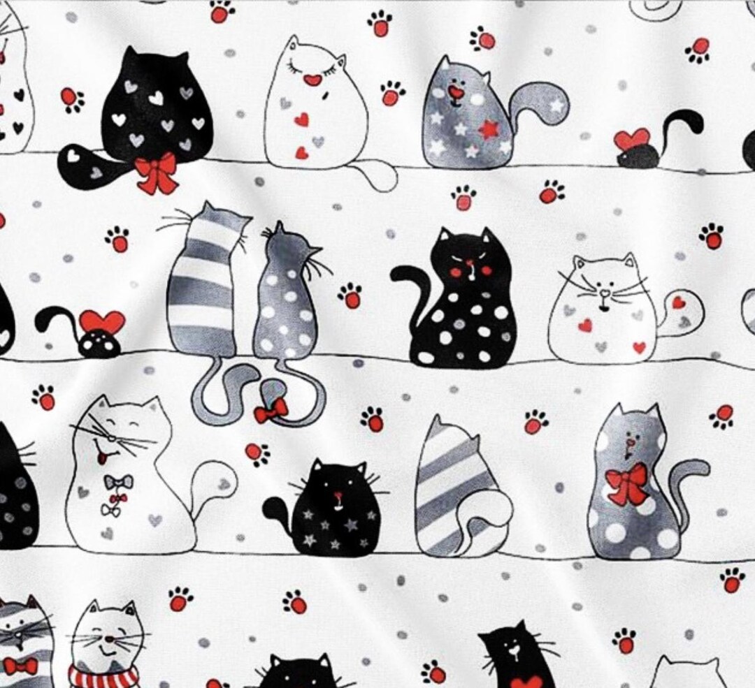 Cotton Fabric With Black, Grey and Red Cat Print, 50x80 Cm - Etsy
