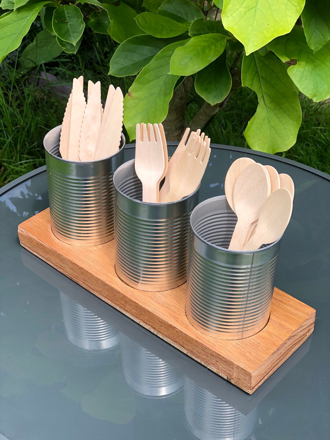 Reclaimed Wood and Tin Can Cutlery holder / Outdoor Dining / Upcycled ...