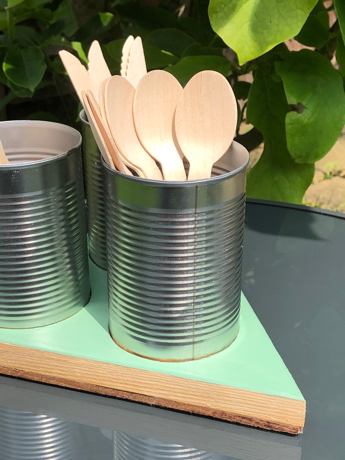 Reclaimed Wood and Tin Can Cutlery Holder / Outdoor Dining / Upcycled ...