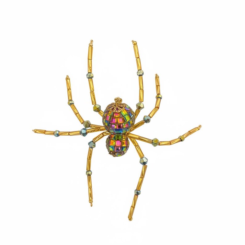 Rainbow Disco Ball Spider Ornament | Gold Beaded Halloween Decor ...