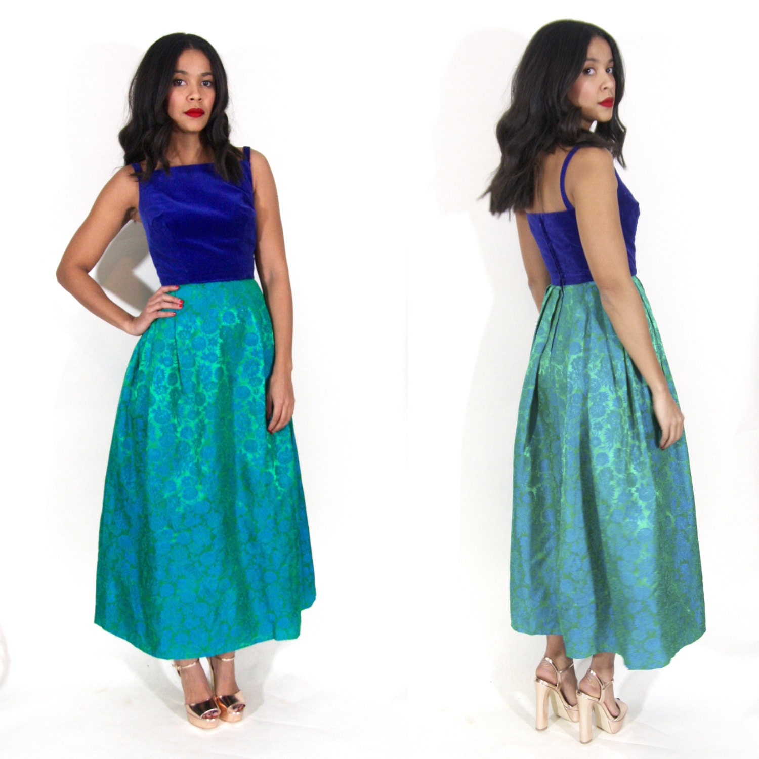 Vintage 50s 60s Blue Velvet Green Floral Brocade Maxi Dress - Etsy