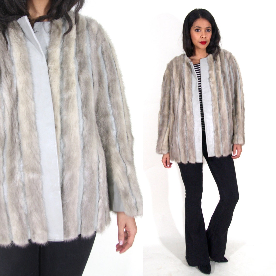 Vintage 70s Silver Grey Mink Fur Leather Paneled Striped - Etsy