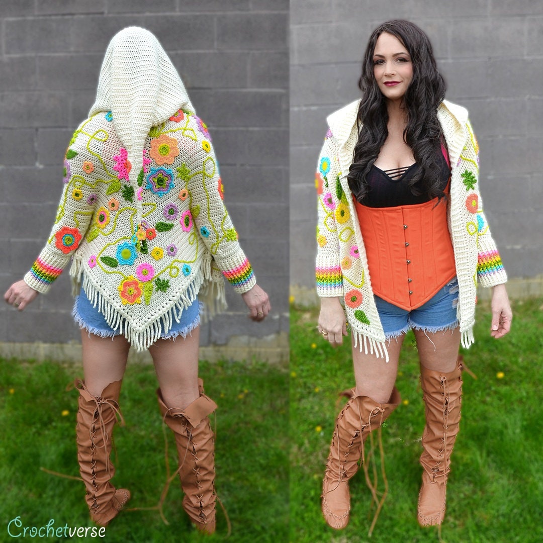 Floral Fairy Crochet Sweater Coat Pattern Boho Goddess Hippie Hooded ...