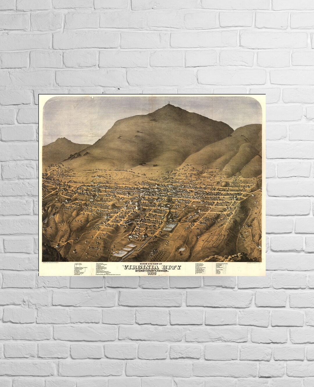 Map of Virginia City, Nevada in 1875, New Reproduction Print of an Old ...