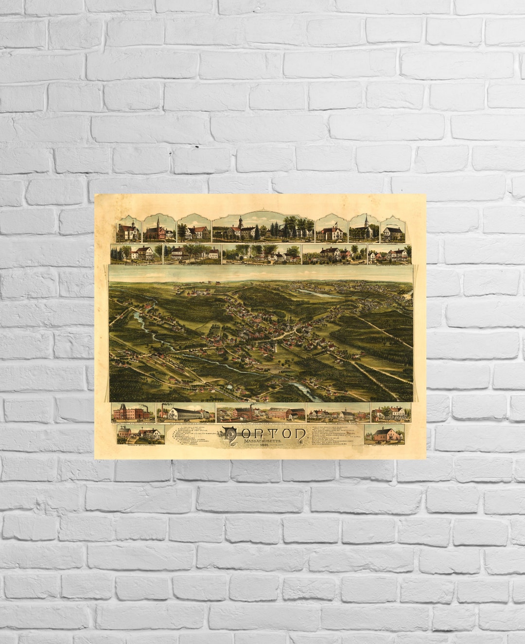Norton, Massachusetts, Bird's Eye View Map, New Reproduction Print of ...