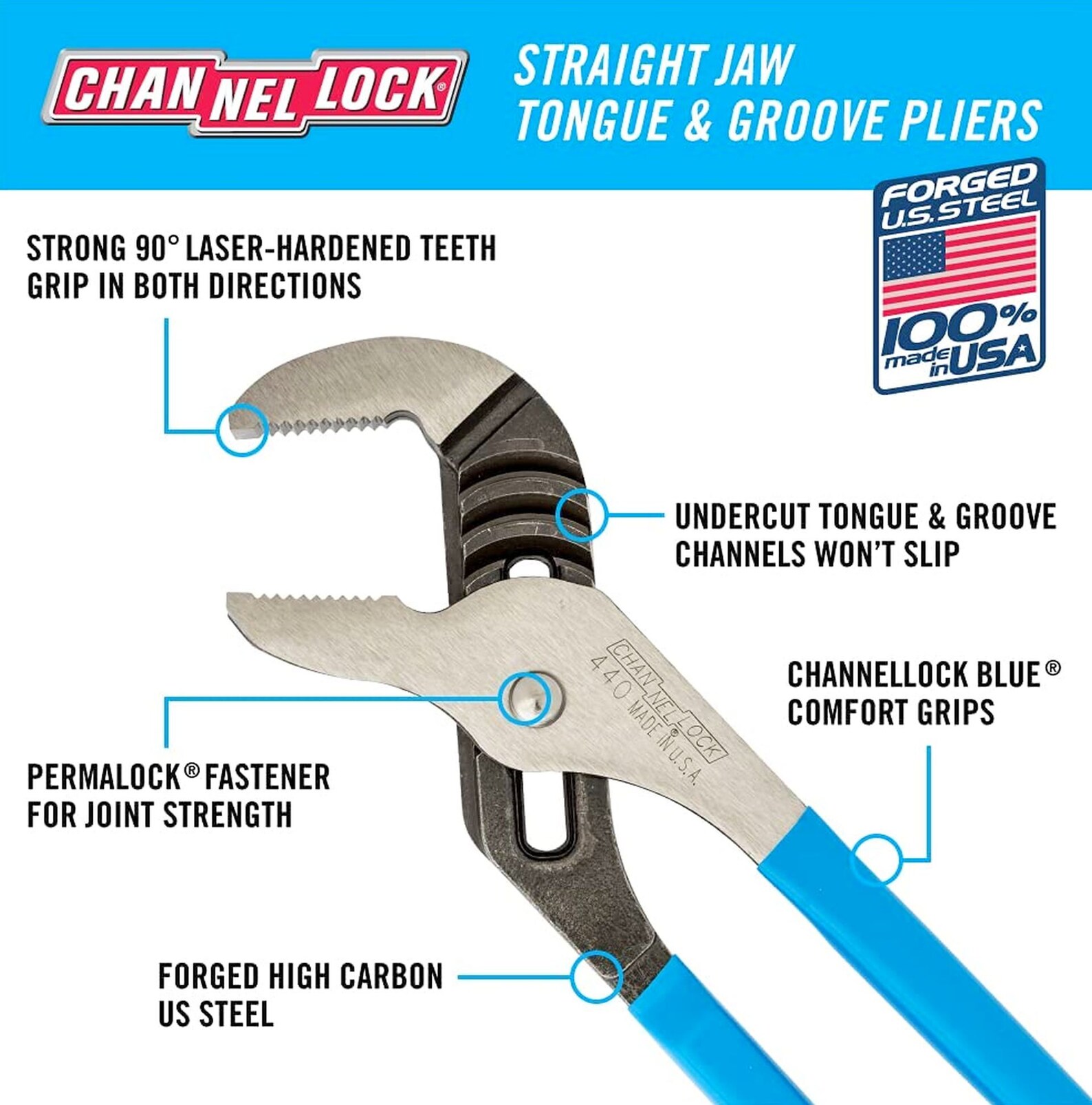 CHANNELLOCK 440 PLIER Big 12 Straight Jaw Tongue & and Groove 2.25 ...