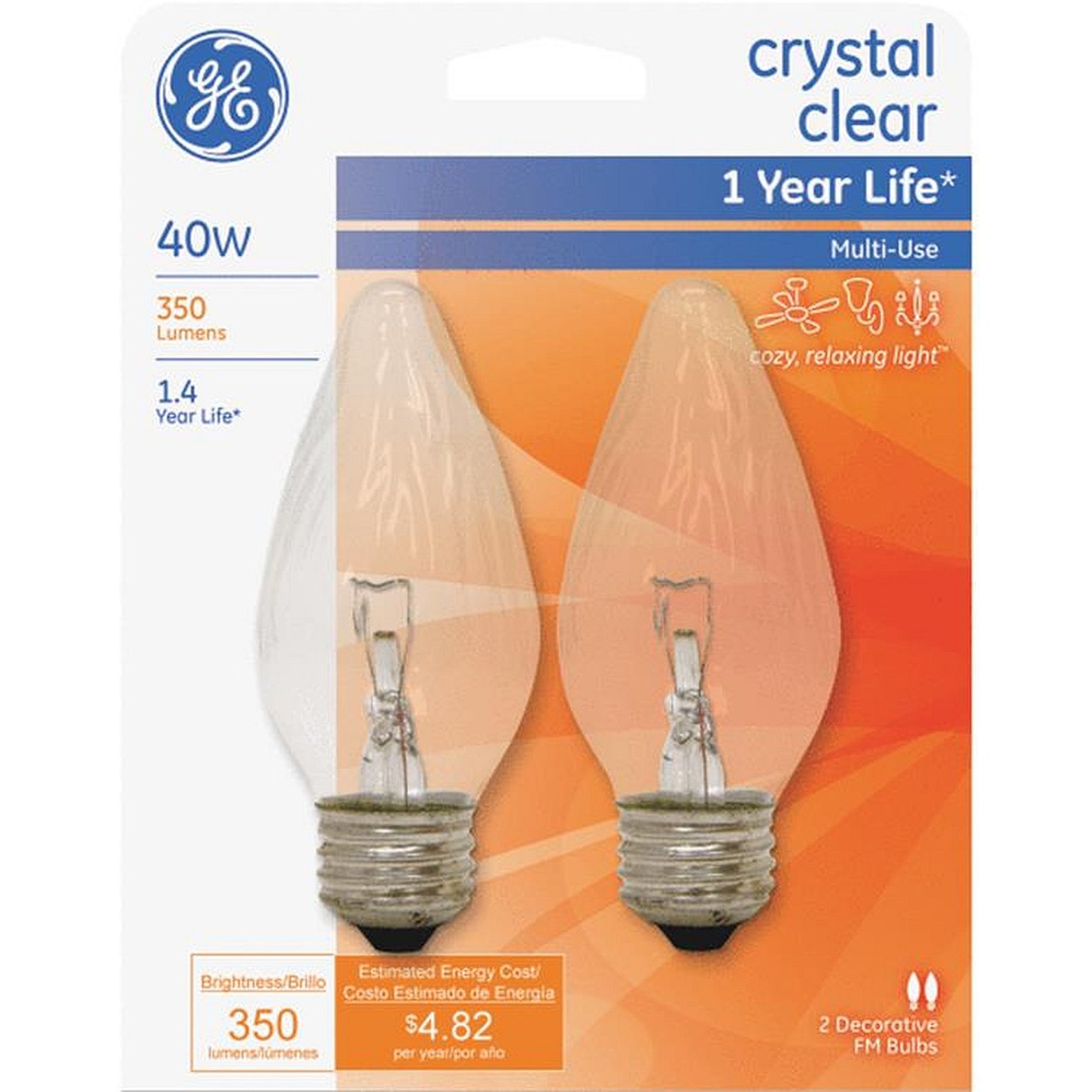 GE Crystal Clear Decorative LIGHT BULB 40w E26 Flame Shape F Type Flame ...