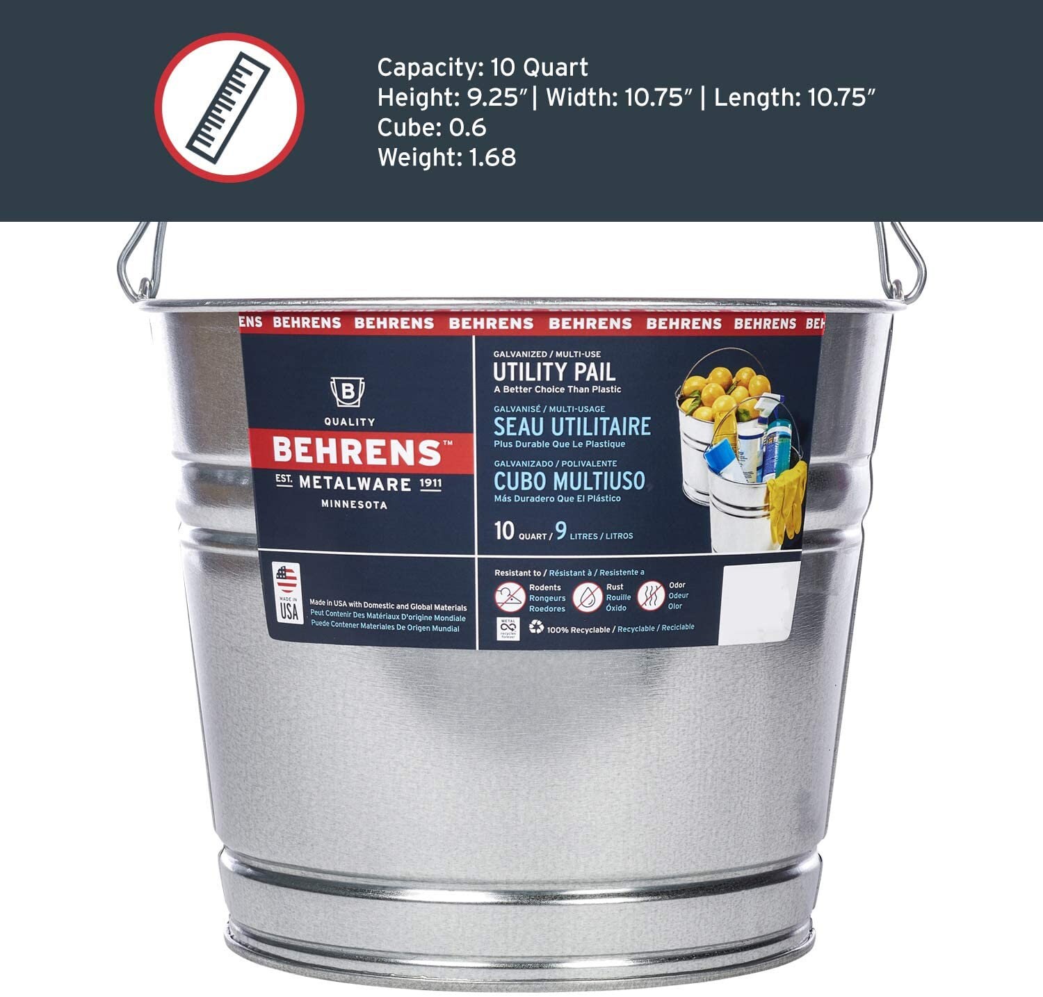 10 Qt Quart 2 1/2 Gallon Heavy Duty Galvanized Steel BUCKET Round ...