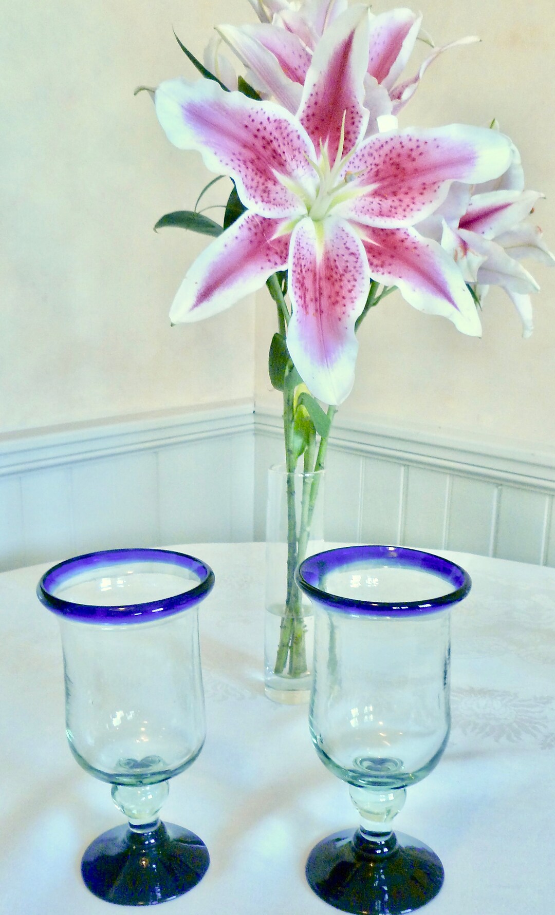 Pair of Hand Blown Recycled Bubble Glass With Cobalt Rims and Bases - Etsy