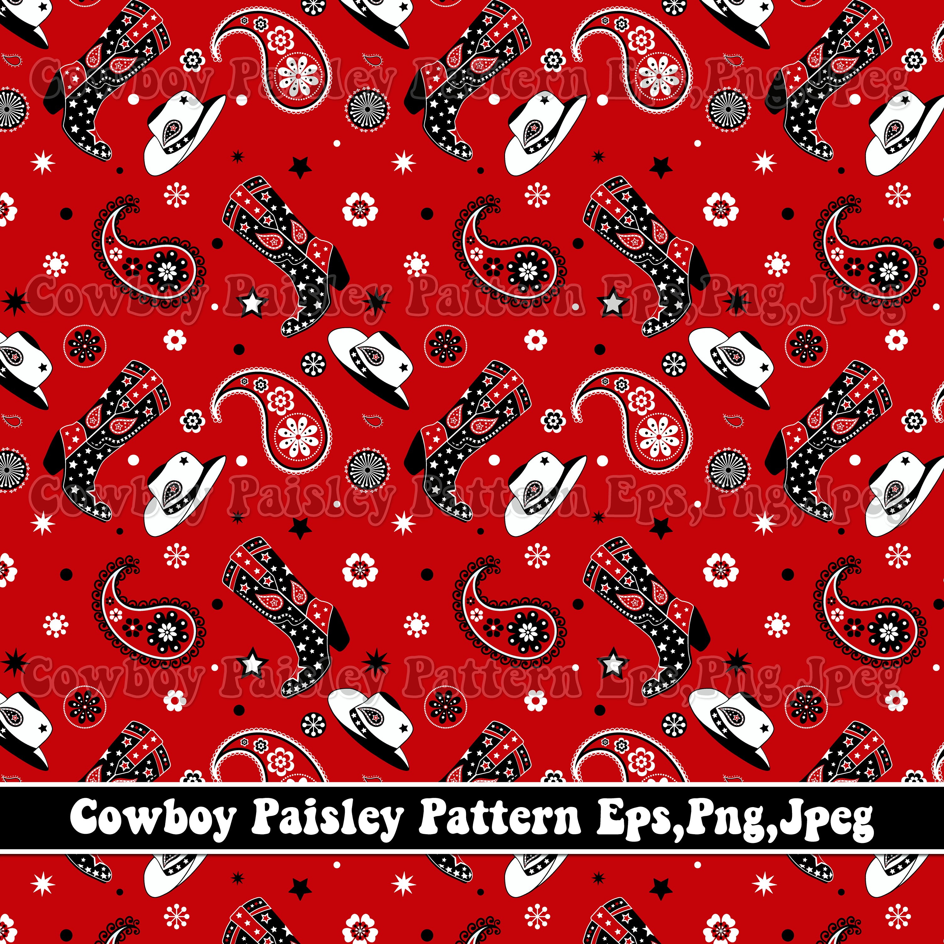 Red and White Cowboy Paisley Pattern, Seamless Bandana, - Red and White ...
