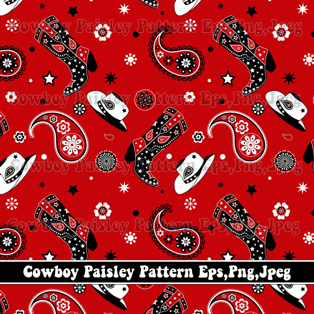Red and White Cowboy Paisley Pattern, Seamless Bandana, Red and White ...