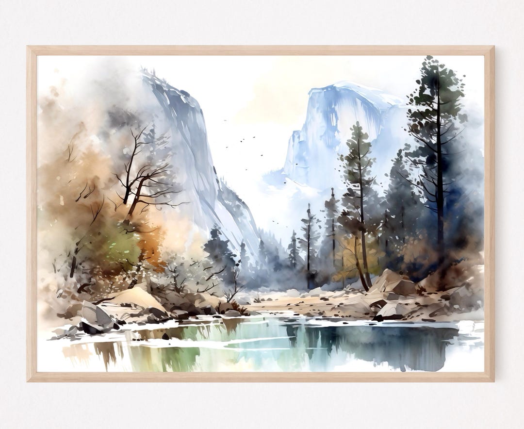 Yosemite National Park Watercolor Painting Art Print, National Park ...
