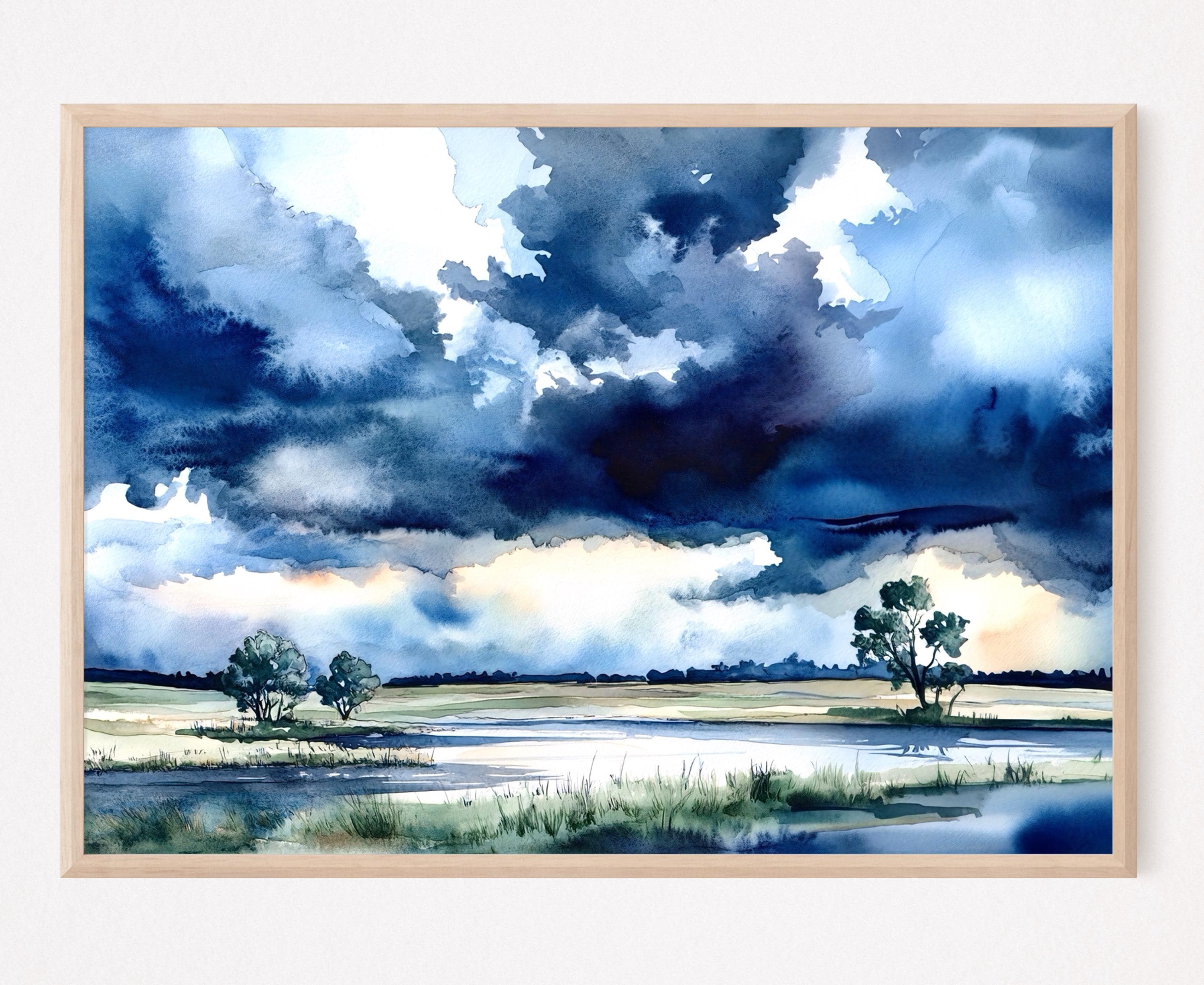 Stormy Sky Watercolour Landscape Art Print – Dramatic Dark Clouds Wall ...
