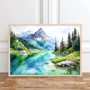 Majestic Mountain Lake Watercolor Print - Etsy