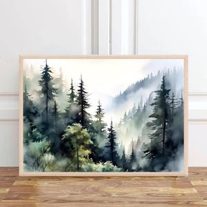 Foggy Pine Forest Watercolor Painting Art Print. - Etsy