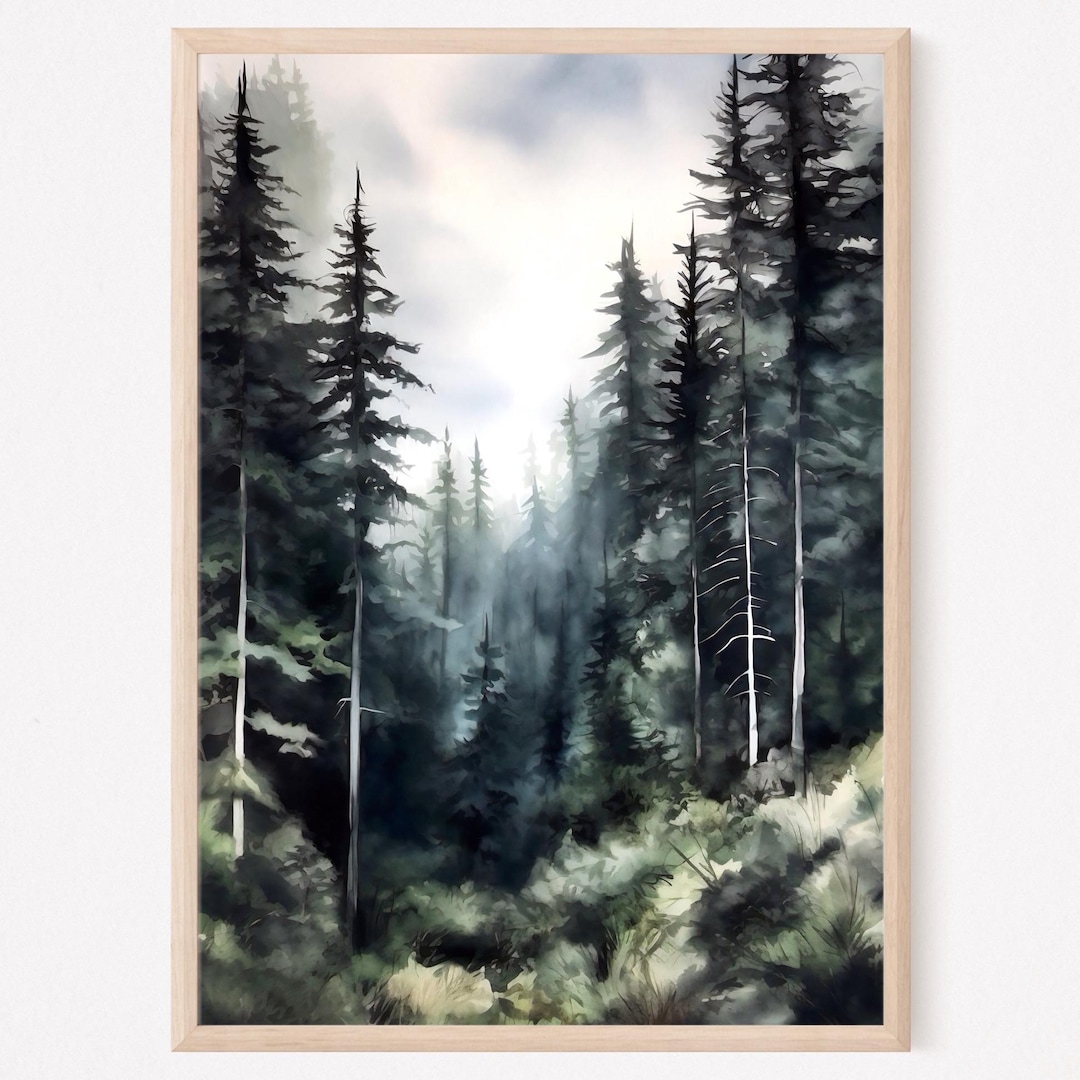 Oregon Forest Watercolor Art Print Misty Landscape Painting Evergreen ...