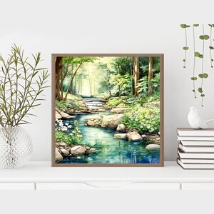 Forest River Wall Art, Forest River Watercolor Art, Nature Print, Green ...