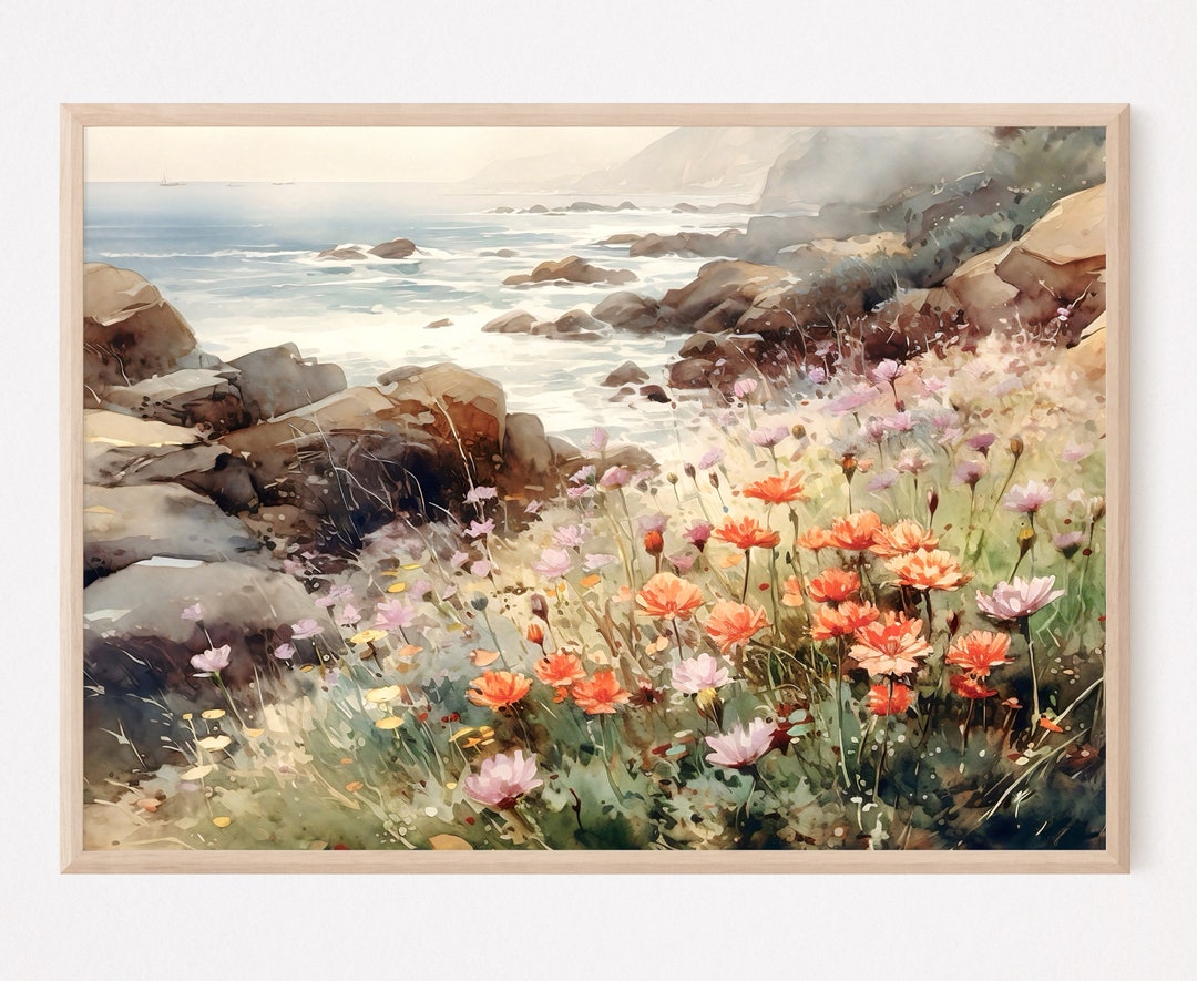 Sea Thrift on St Abbs Head Cliffs, Scotland Painting, Square Coastal ...